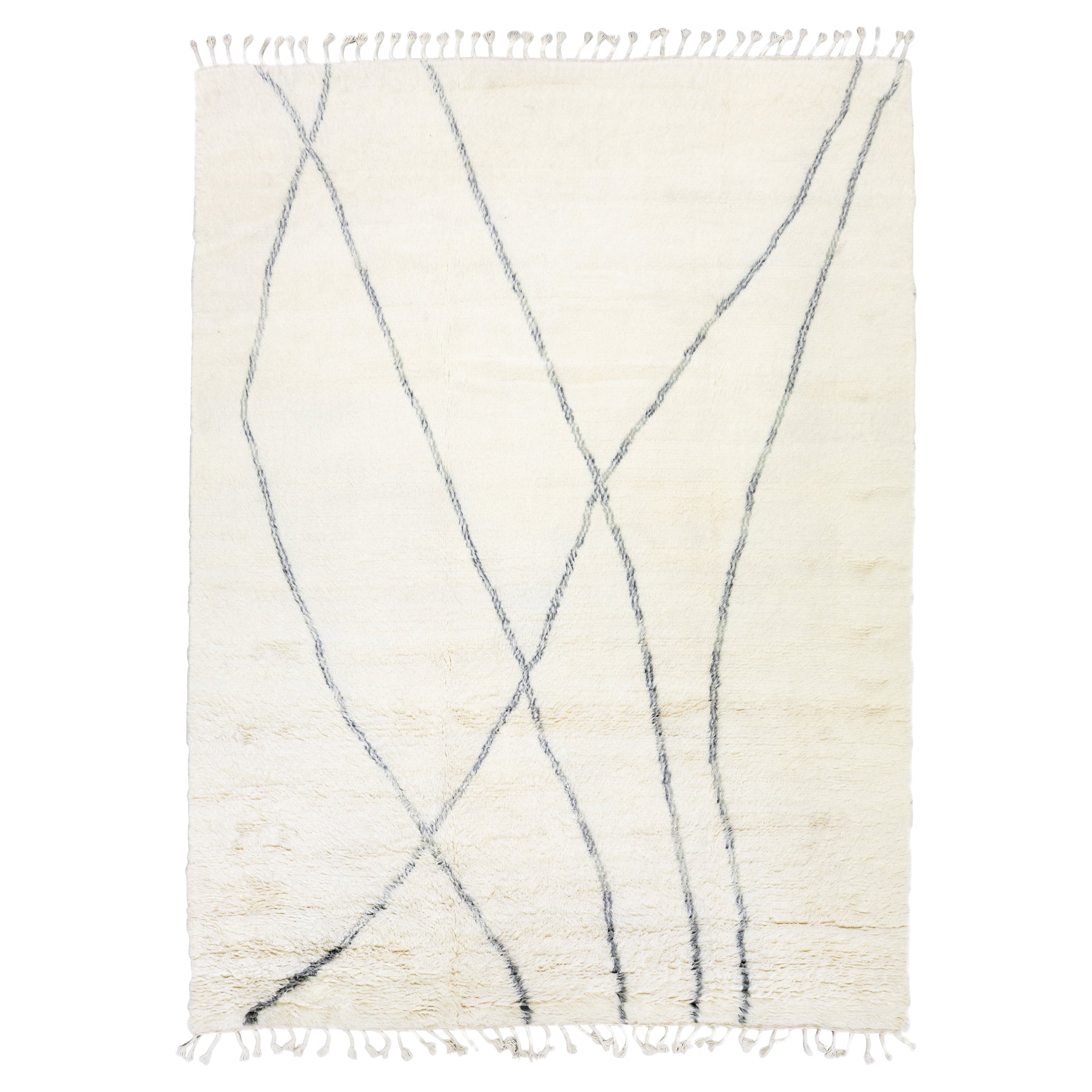 Modern Moroccan Style Handmade Stripe Pattern Ivory and Blue Wool Rug ...