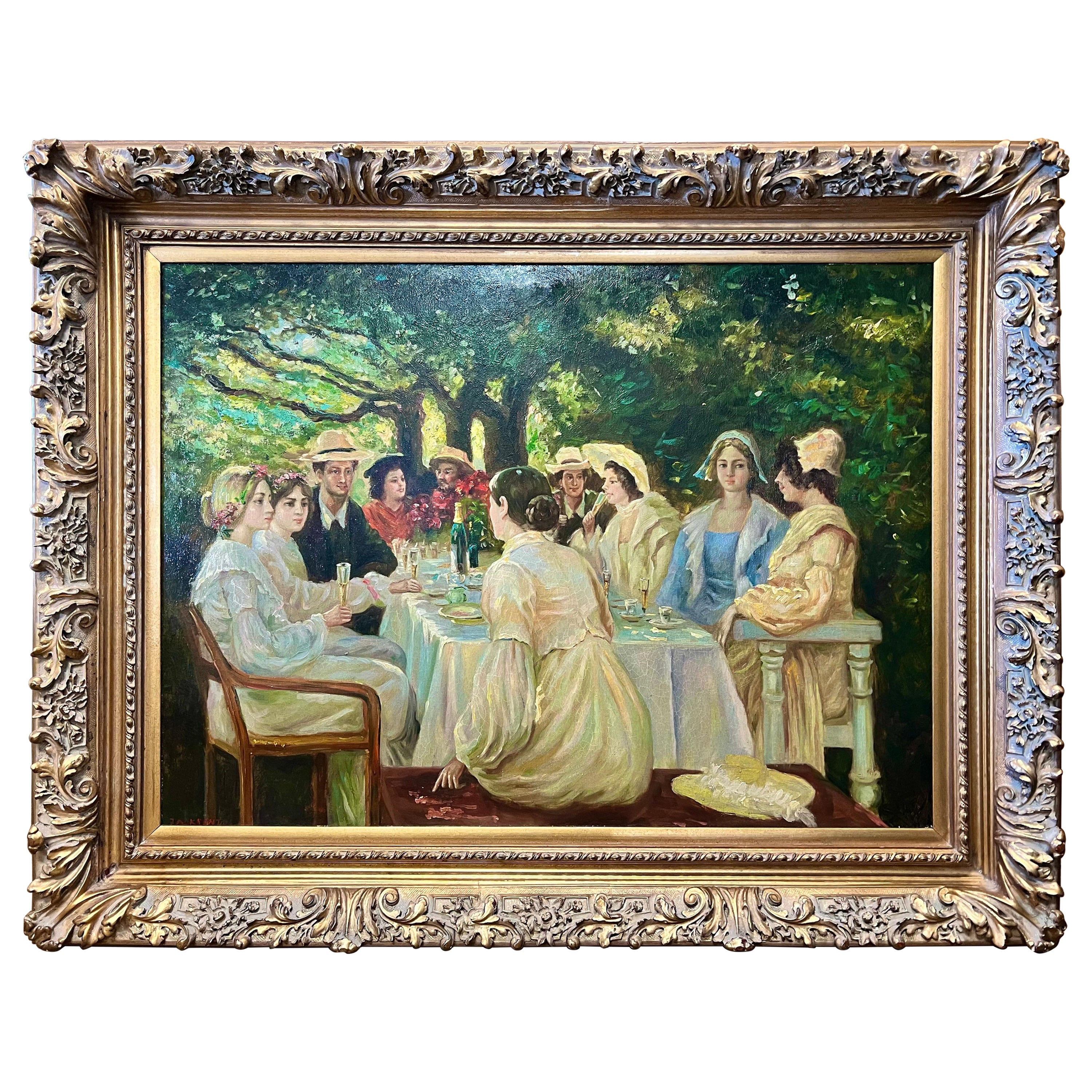 Signed Large Antique Original Oil Painting Ladies Lunching by Artist ...