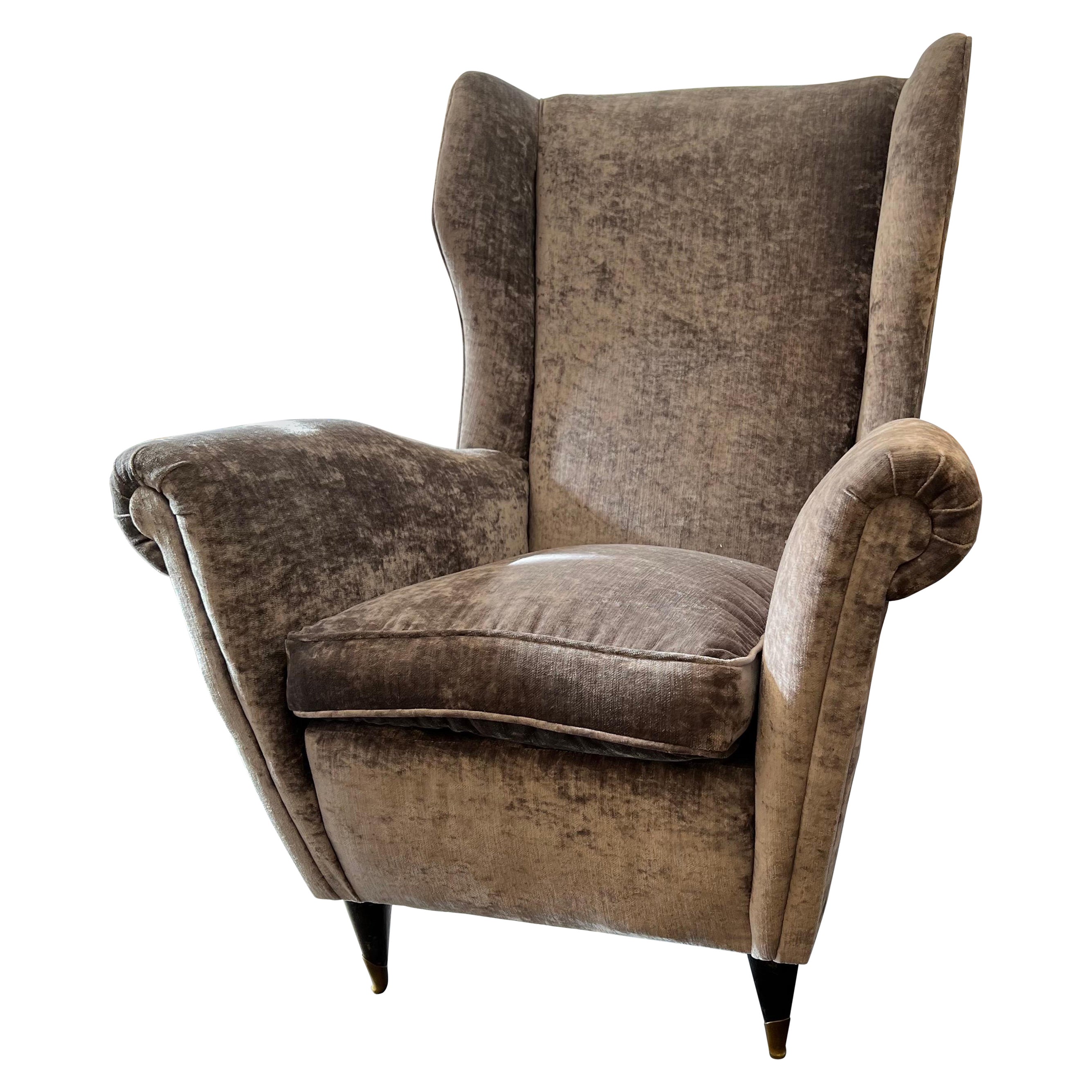 Italian Wingback Chair with Grey and White Striped Fabric, Circa 1950 ...