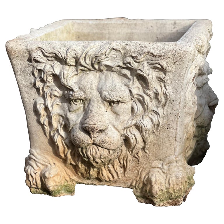 Vintage Single Cast Stone Lion Planter For Sale at 1stDibs