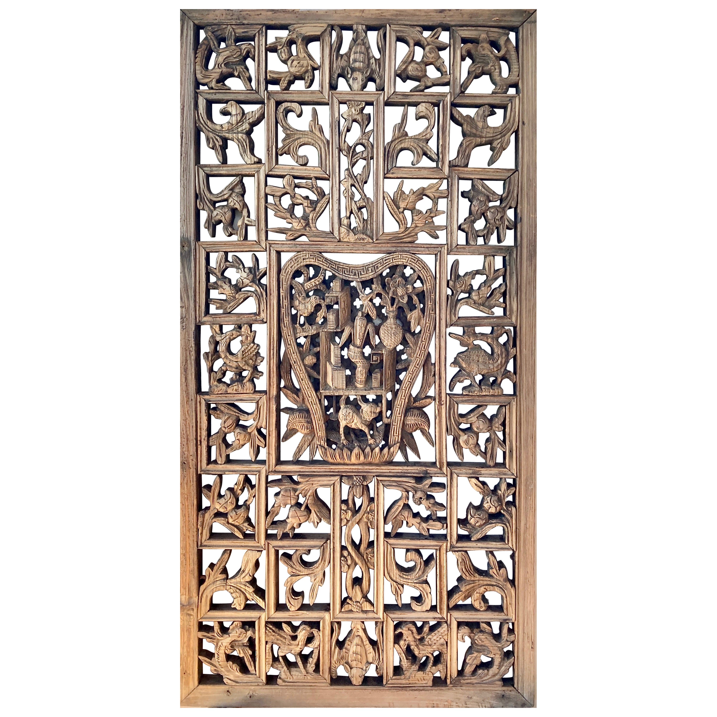 Chinese Decorative Lattice + Carved Wood Panel For Sale at 1stDibs