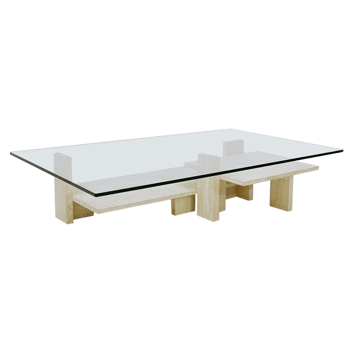 Postmodern Square Low Profile Travertine Coffee Table Round Ball Legs ...