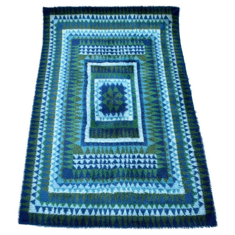Large 1960's Scandinavian Handmade Wool Rya Rug For Sale at 1stDibs