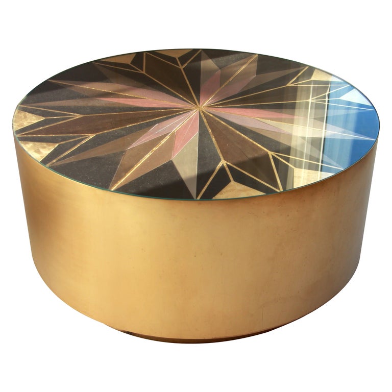 "Radiant Star" Round Brushed Brass Coffee Table with Metallic Marquetry ...