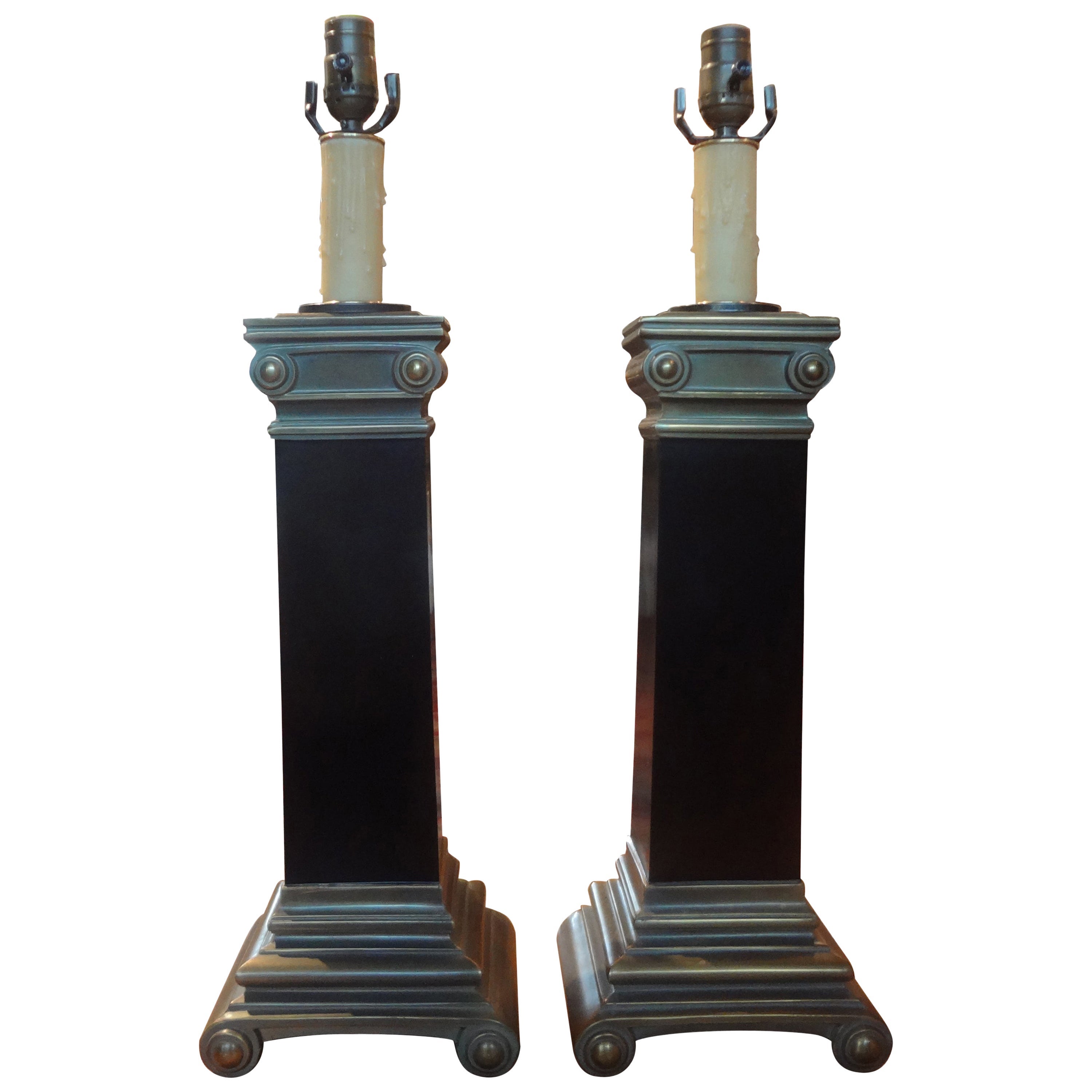 Fine Pair of Green Tole Column Lamps at 1stDibs