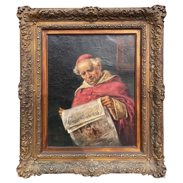 19th Century Framed Cardinal Reading Oil on Canvas Painting Signed R ...