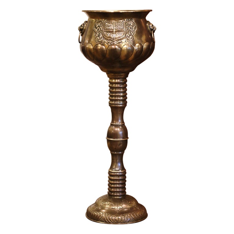 19th Century French Brass Repousse Cache-Pot on Integral Pedestal Stand ...