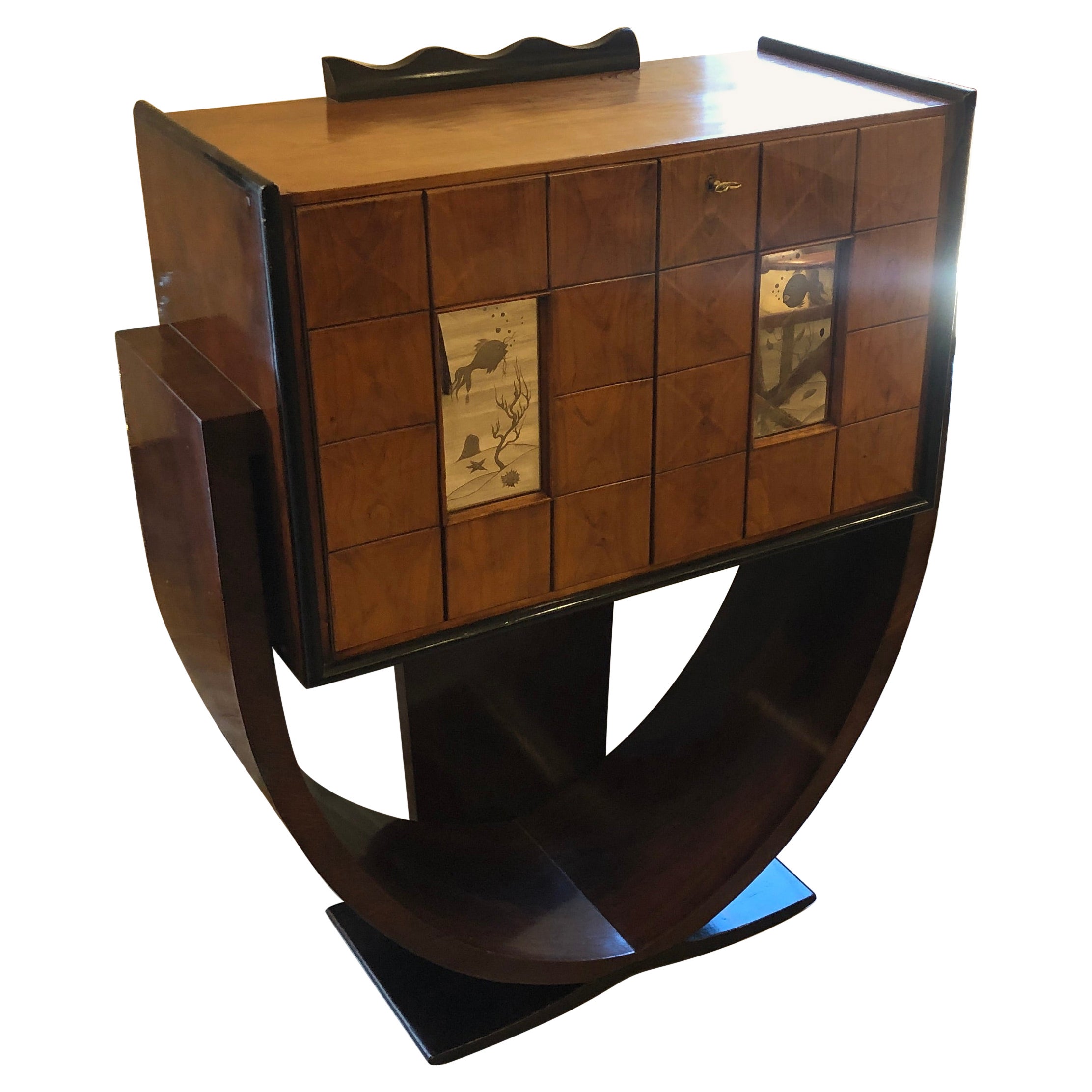 Italian Art Deco Walnut Wood Rounded Edges Bookcase at 1stDibs