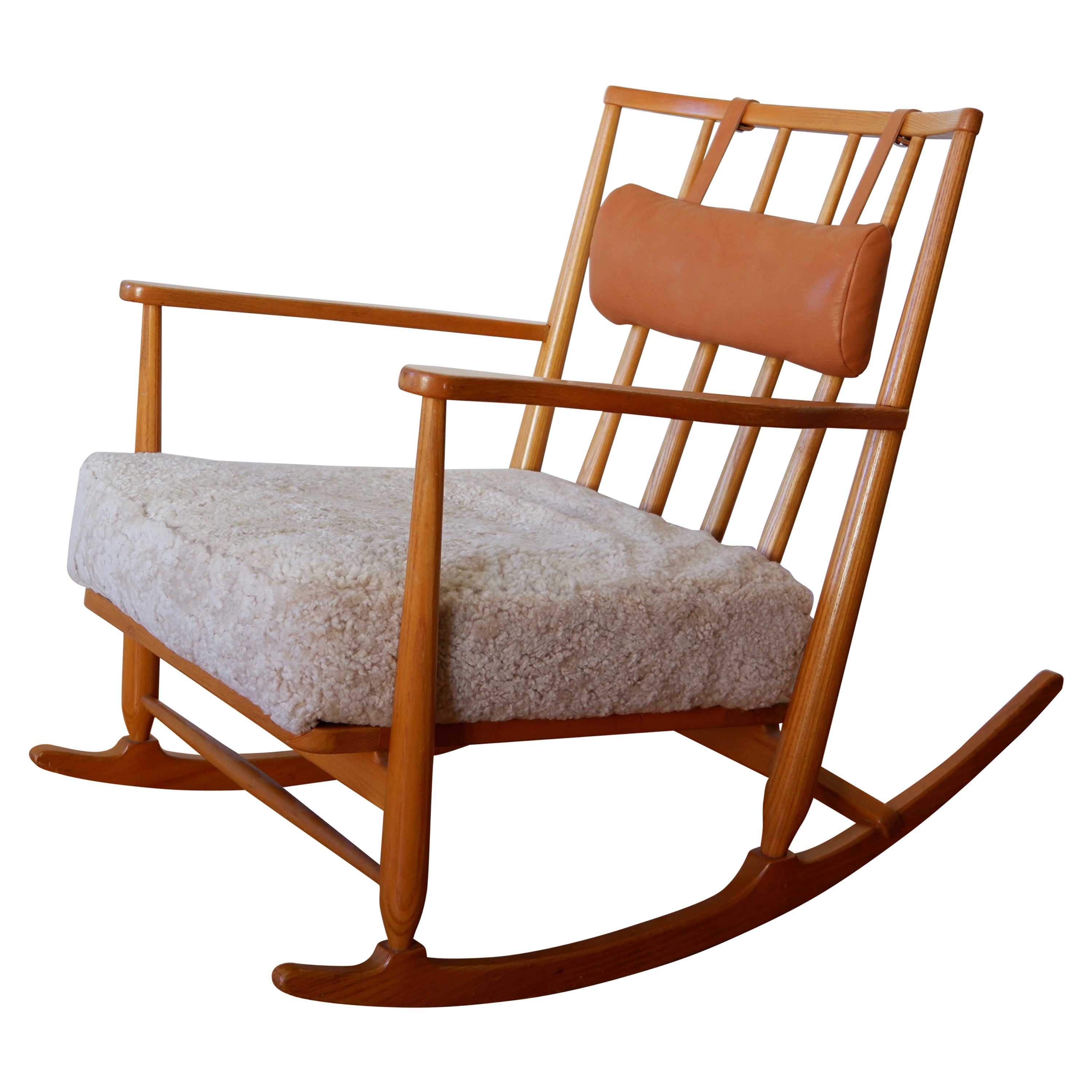 Carl Axel Acking, Rare Rocking Chair Made in Solid Ash and Sheep Skin ...