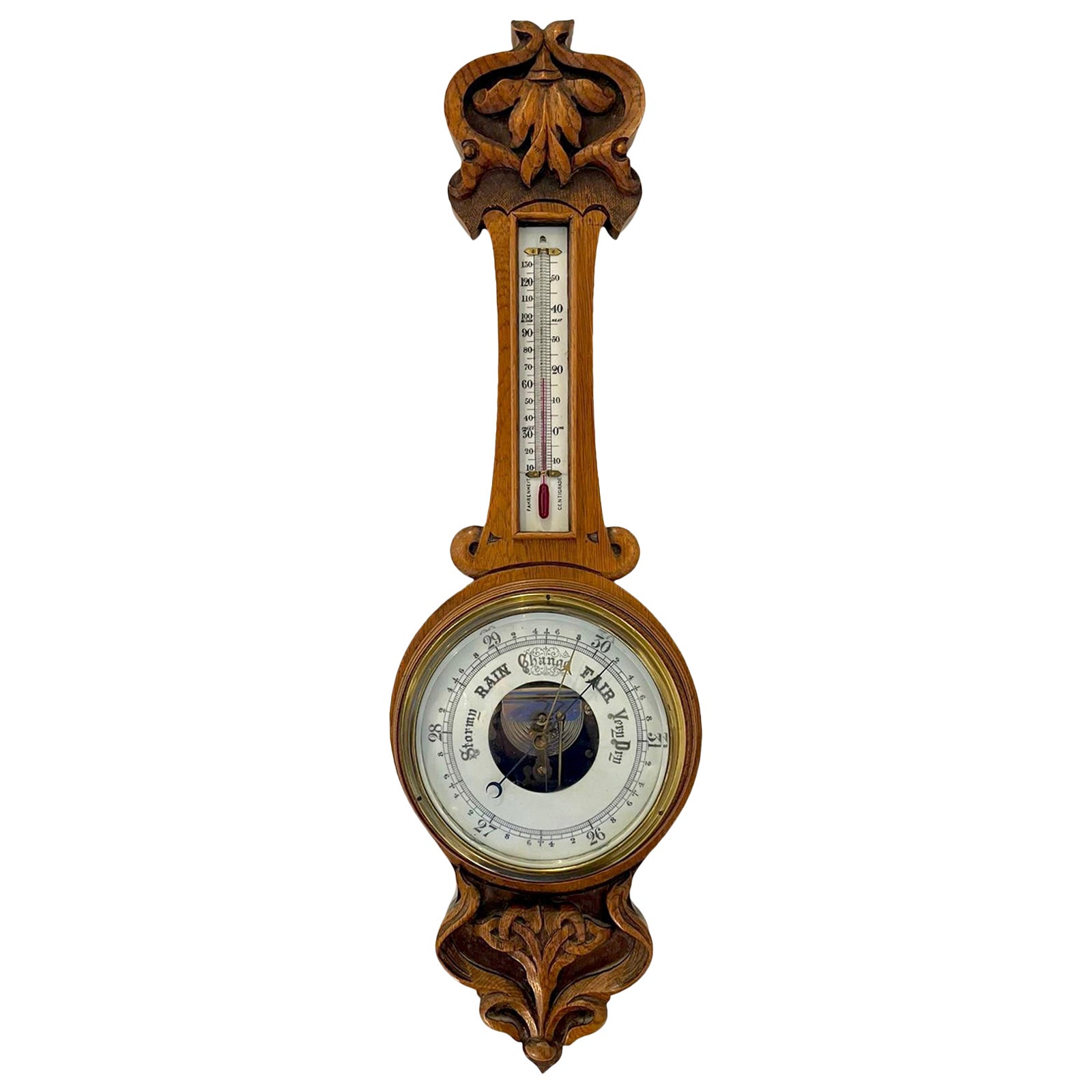 Antique Carved Walnut Aneroid Banjo Barometer at 1stDibs