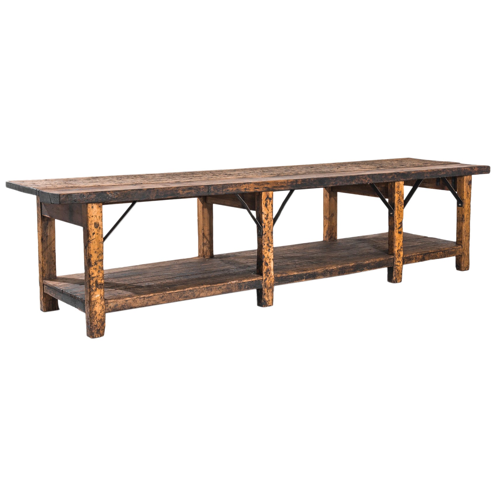 Vintage Industrial Cast Iron and Wood Display Work Bench Conference ...