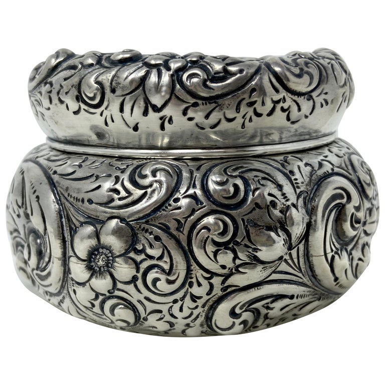 Antique American Repousse Sterling Silver Vanity Powder Jar with Lid at ...