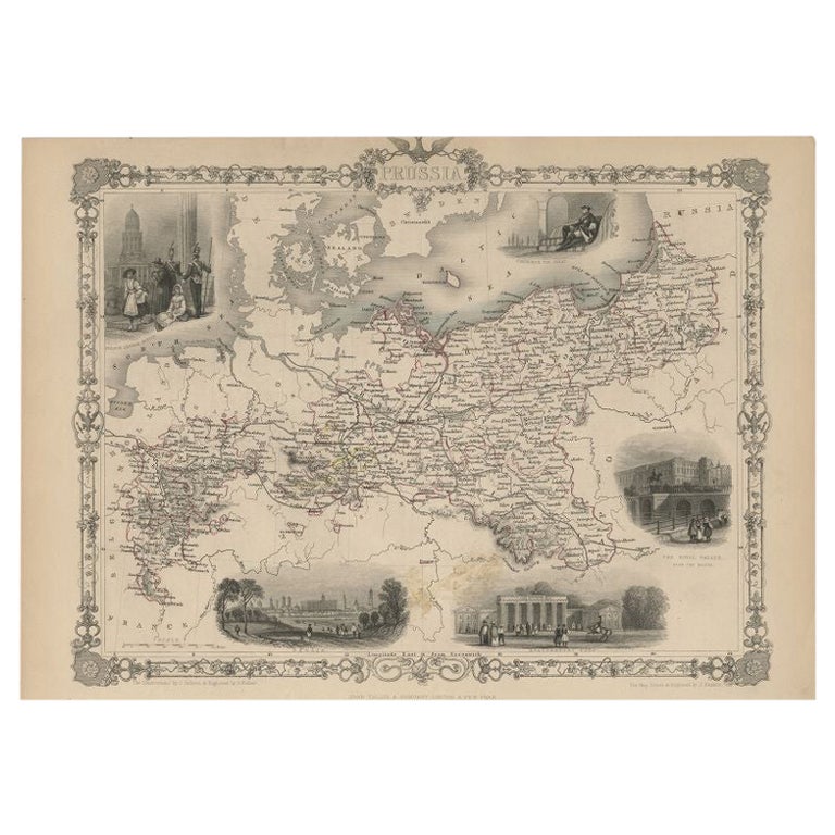 Decorative Antique Map of Prussia with Decorative Insets, c.1851 at 1stDibs