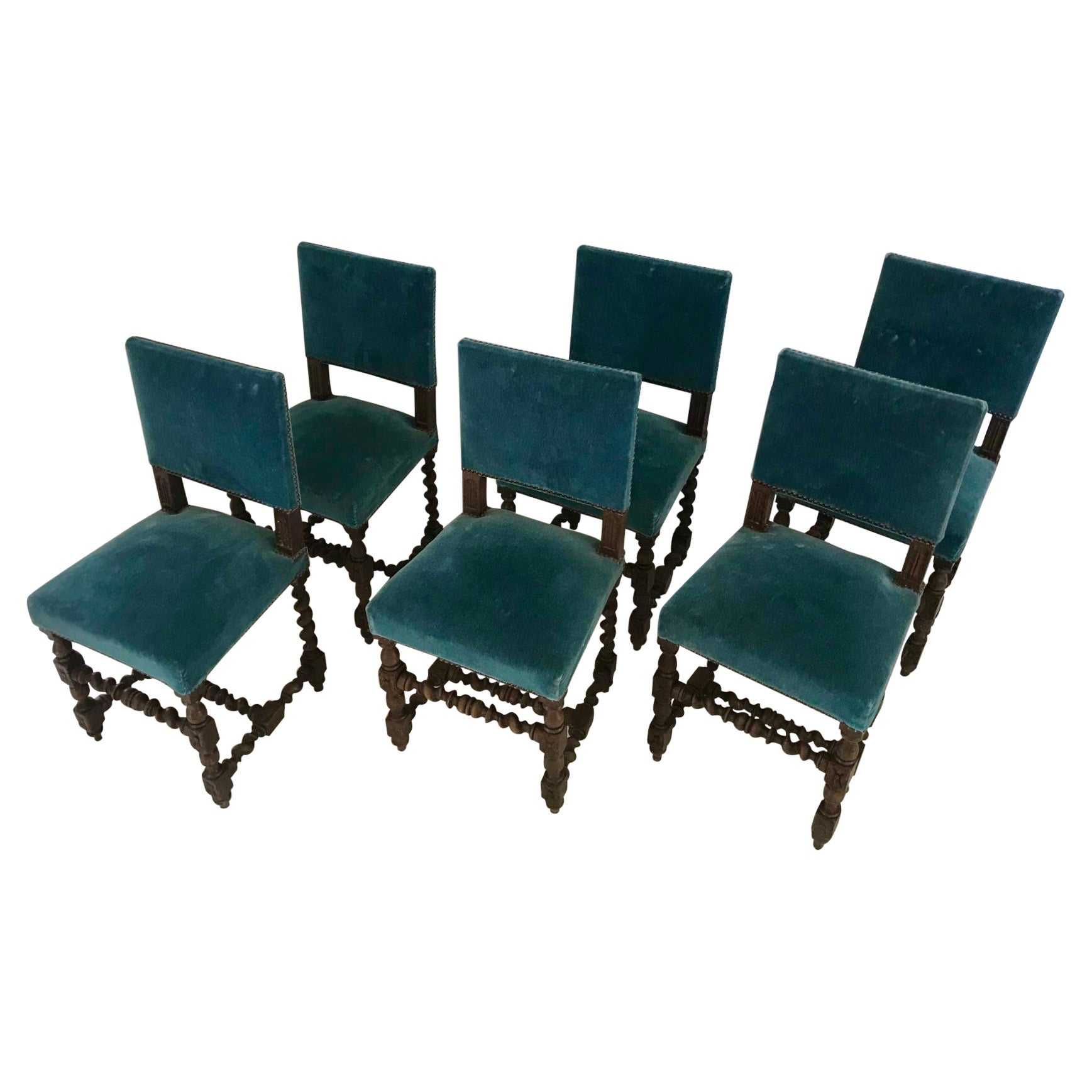 French Antic Louis XIII Style Wooden And Fabric Set of 8 Chairs For ...