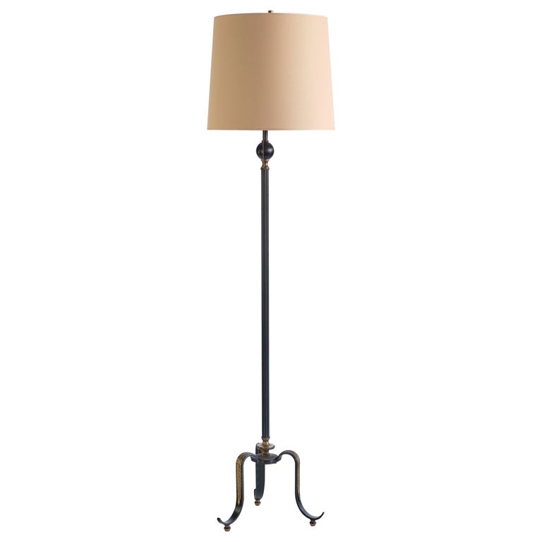 French Three Legged Floor Lamp in Wrought Iron and Brass, Beige Shade ...