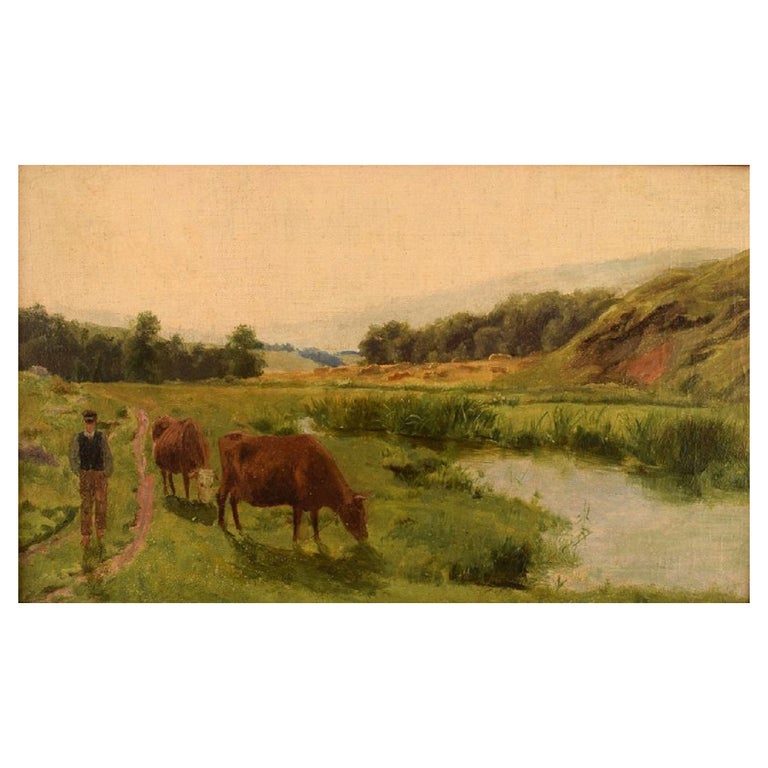 Peter Adolf Persson Swedish Painter, Oil on Canvas, Grazing Cows at 1stDibs