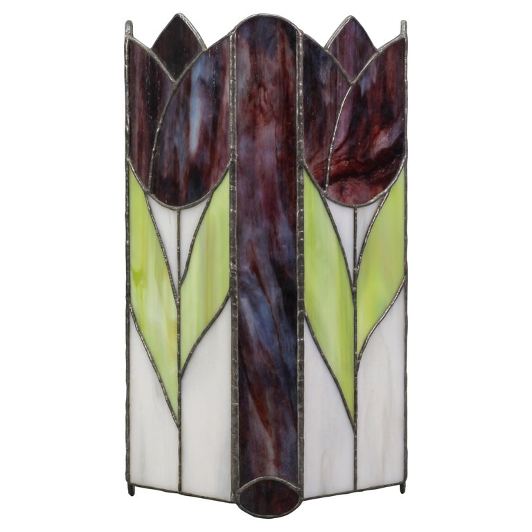 Vintage Tiffany-Style Stained Glass Square Lamp Tulips For Sale at 1stDibs