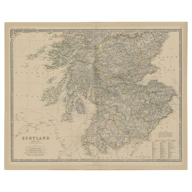Antique Map of Southern Scotland by Johnston, 1882 For Sale at 1stDibs