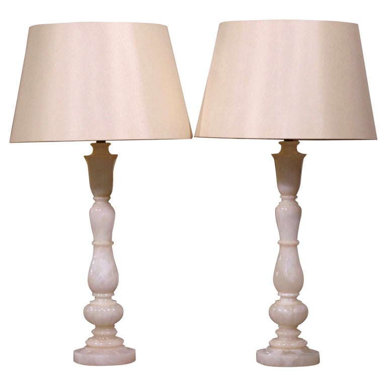 Pair of Vintage Carved Alabaster Table Lamps with Shades at 1stDibs