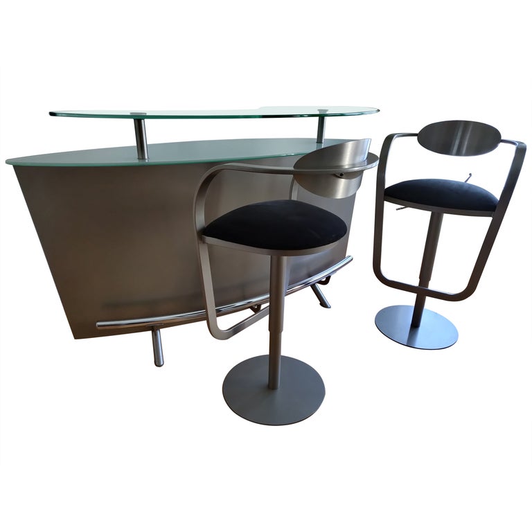 Jansen-Lewis Glass and Stainless Steel Martini Bar and Two Bar Stools ...