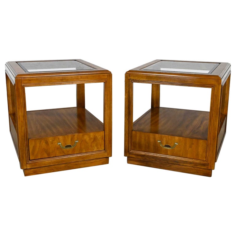 Drexel Accolade Collection II Campaign Style Wood End Tables w Glass ...