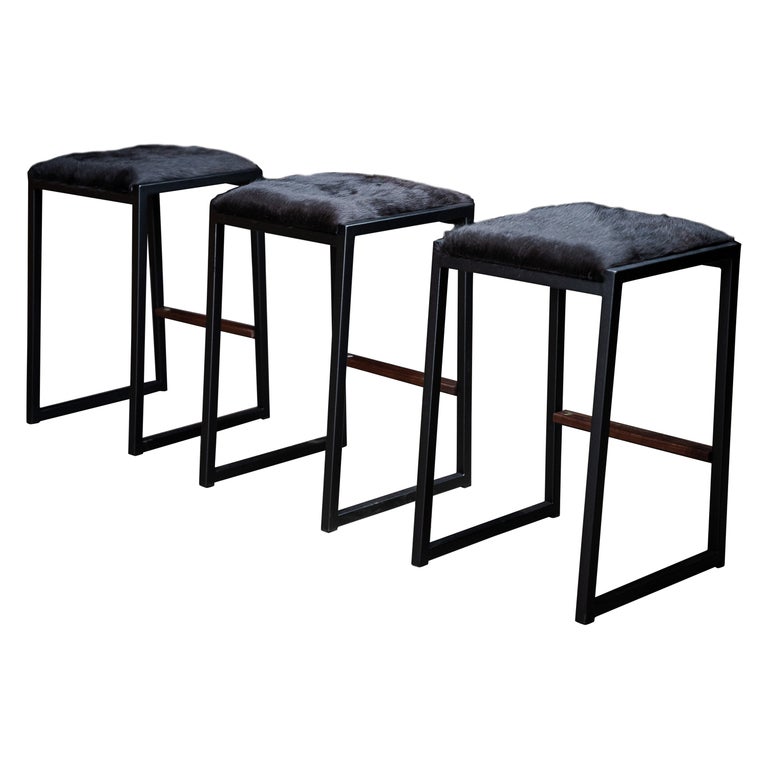 3x Shaker Modern Backless Stool by Ambrozia, Black Cowhide, Walnut and ...