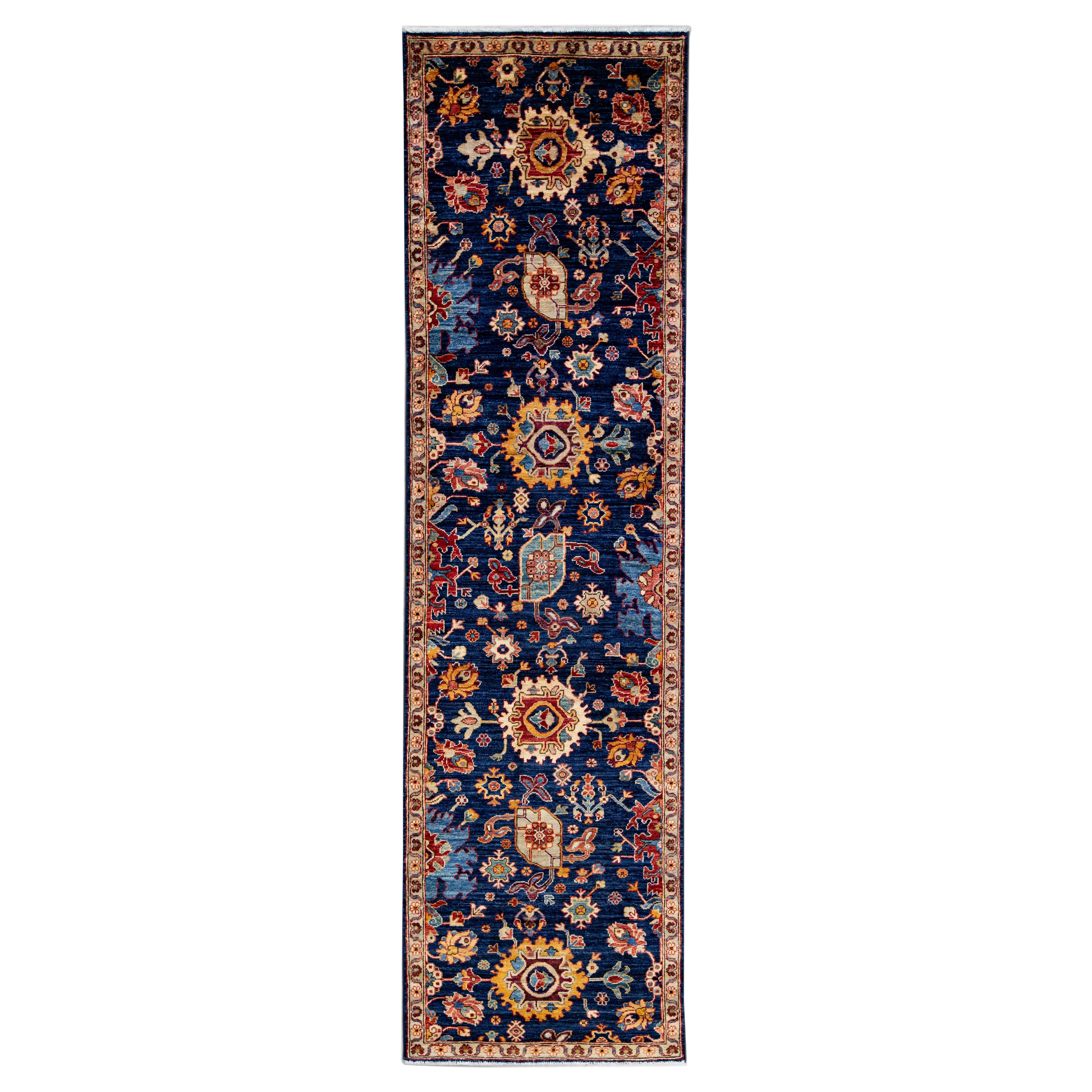 Navy Blue Modern Serapi Style Handmade Allover Floral Wool Runner For ...