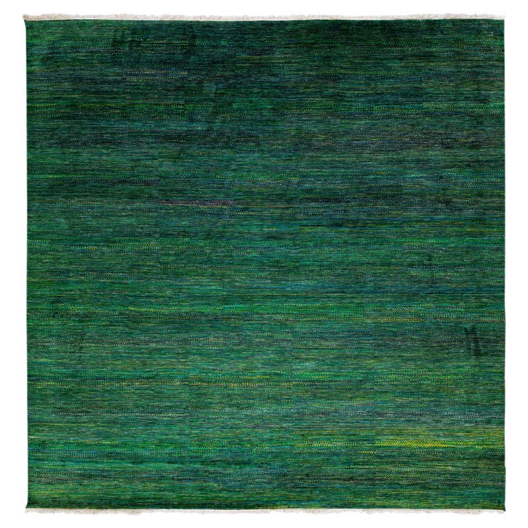 Green Modern Savannah Handmade Geometric Square Wool Rug at 1stDibs