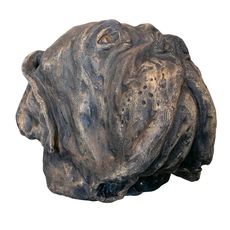 1990s Signed Hand Painted Ceramic Dog Head sculpture For Sale at 1stDibs