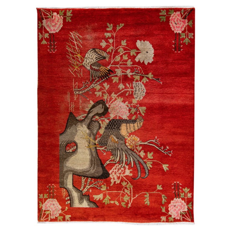 Red Antique 20th Century Samarkand Handmade Pictorial Motif Wool Rug ...