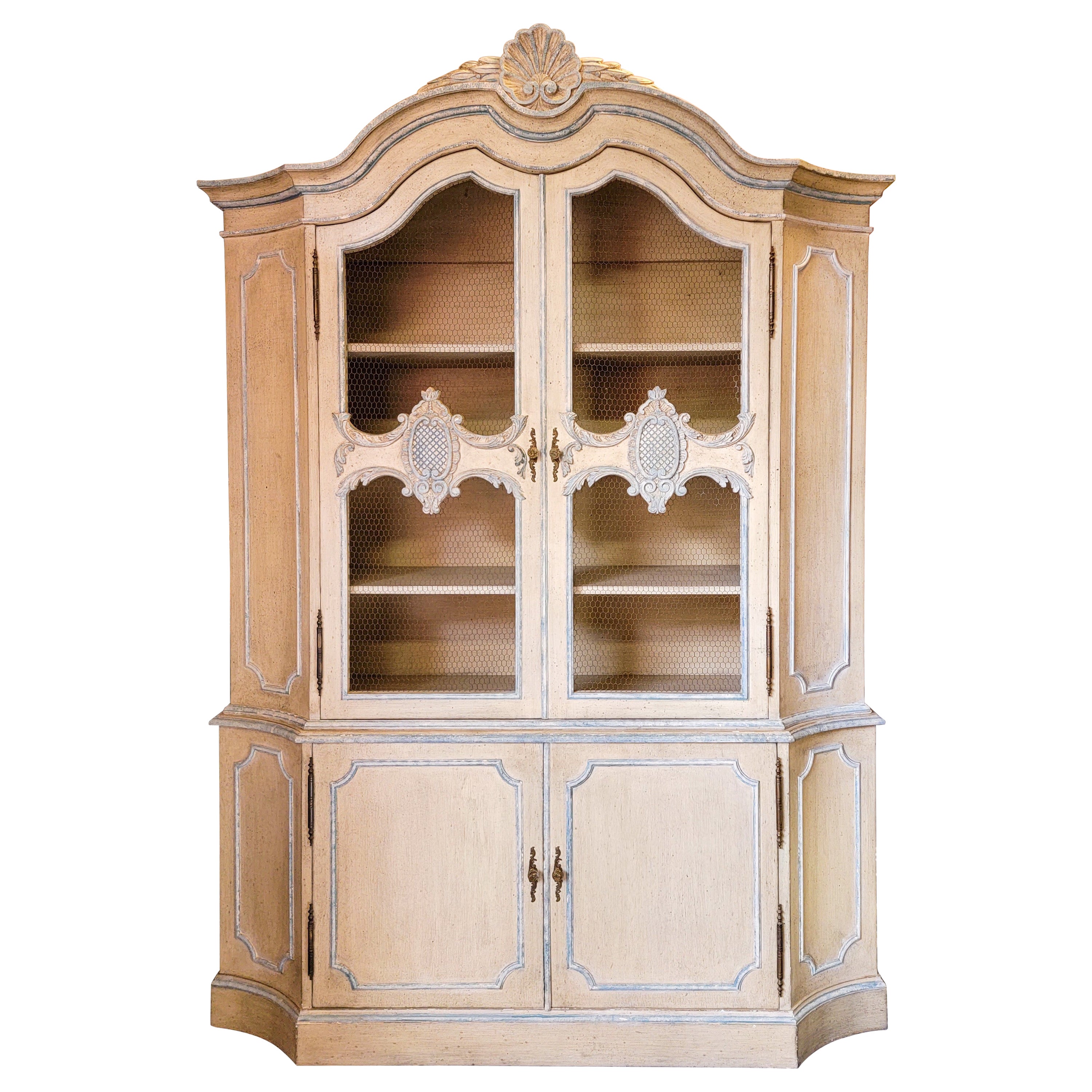 1970s Painted Grotto Inspired Carved Pine Shell Bookcases / Cabinets, a ...
