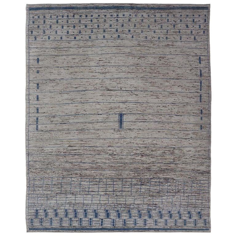 Modern Hand-Knotted Rug in Wool with Sub-Geometric Design in Blue and ...