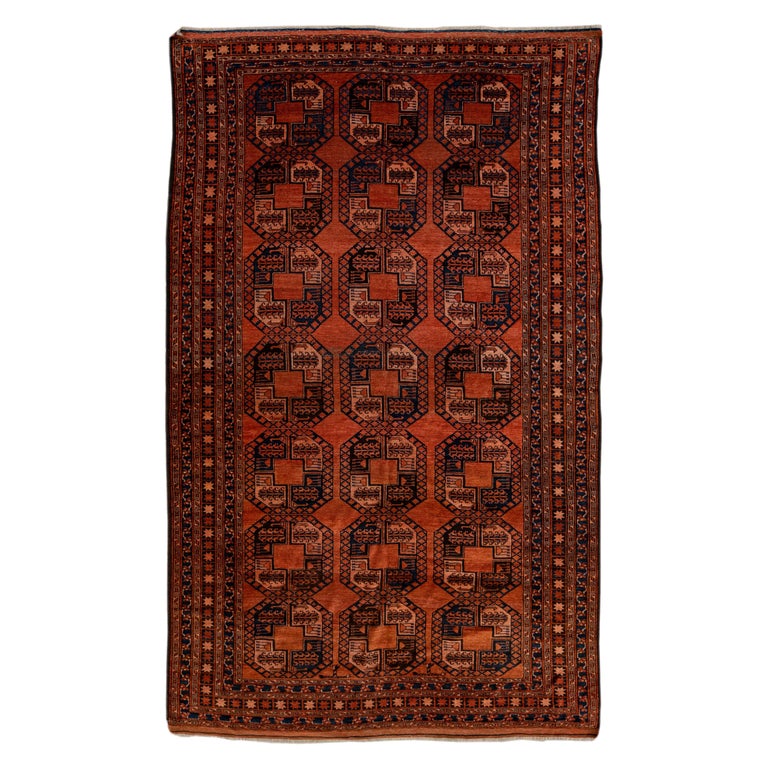 Orange Vintage Persian Turkmen Handmade Geometric Pattern Wool Rug For ...