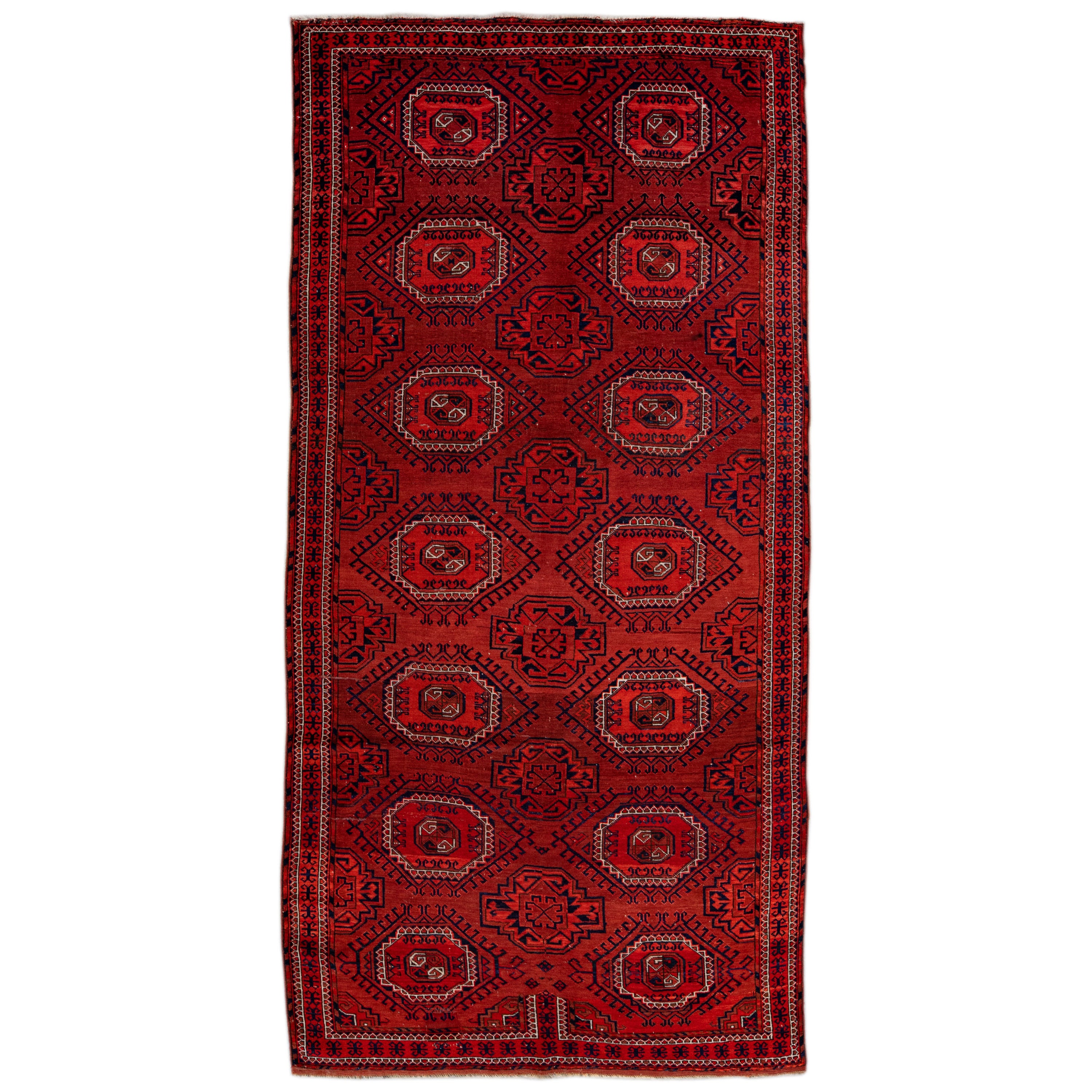 Vintage Persian Turkmen Handmade Geometric Pattern Red Wool Rug For ...