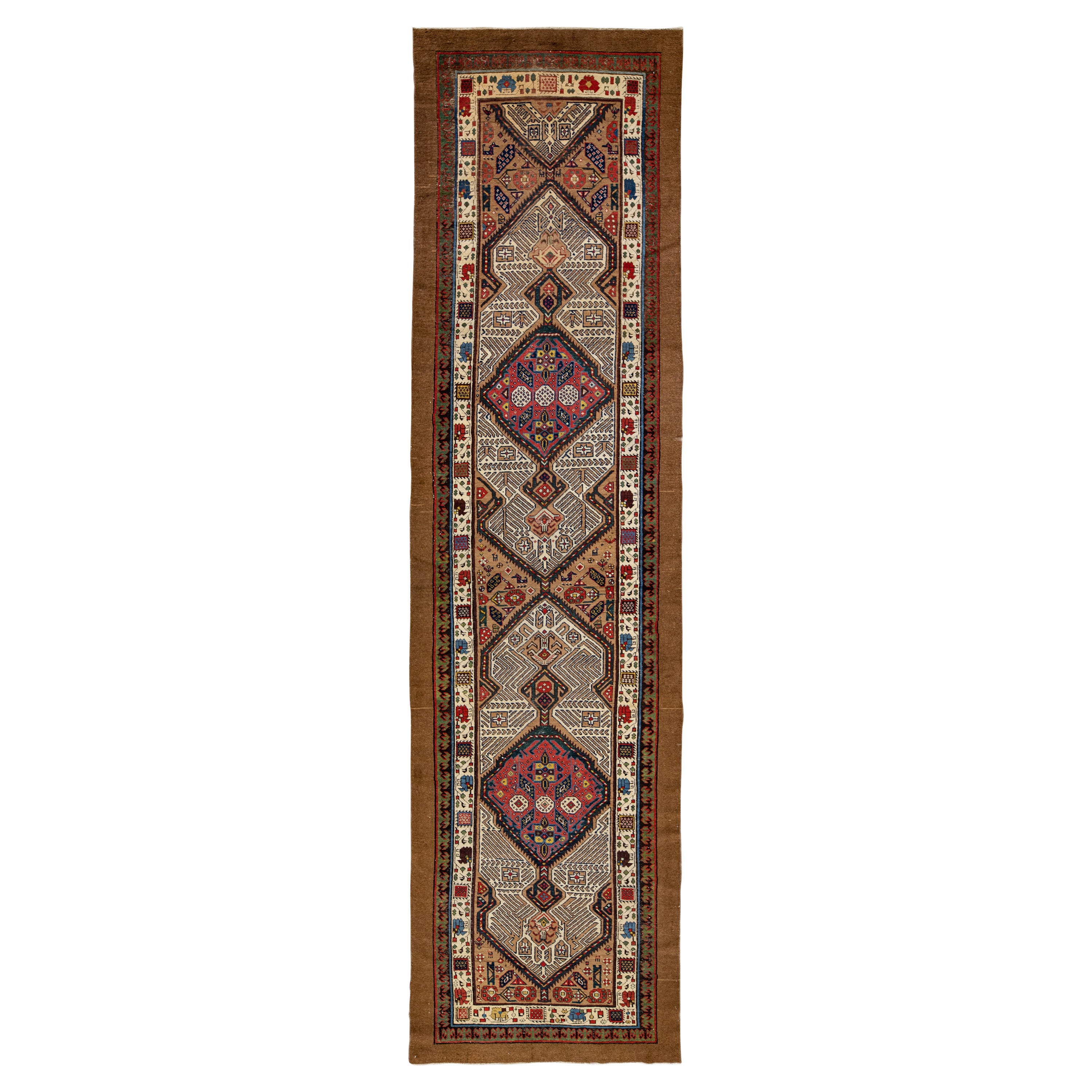 Brown Antique Turkmen Handmade Persian Wool Runner with Tribal Motif ...