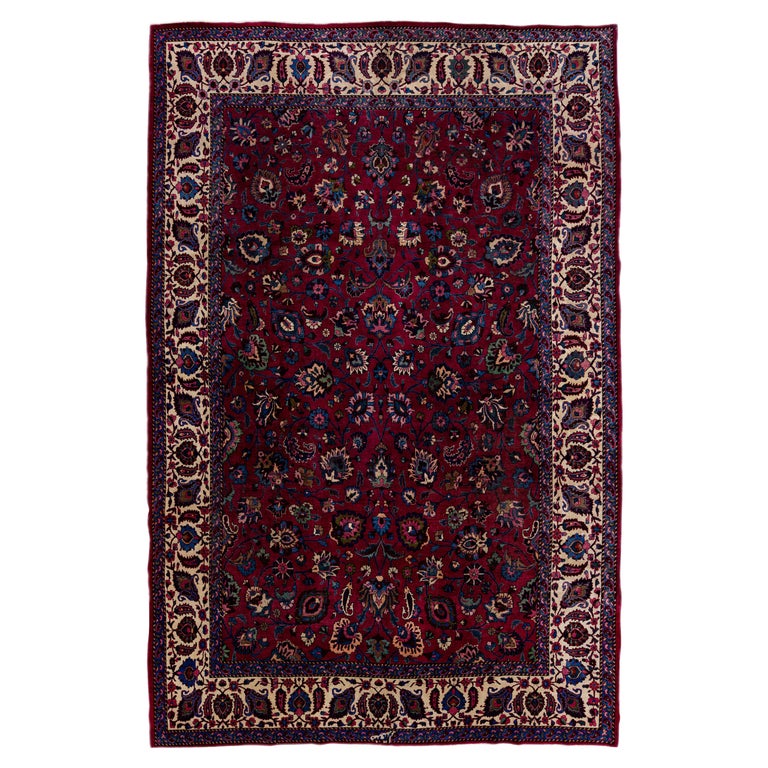 Antique Mashad Handmade Allover Floral Red Wool Rug For Sale at 1stDibs