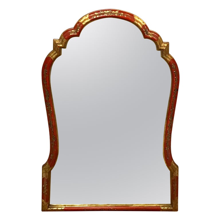Mid Century Red Lacquer and Chinoiserie Framed Bevel Edge Mirror at 1stDibs