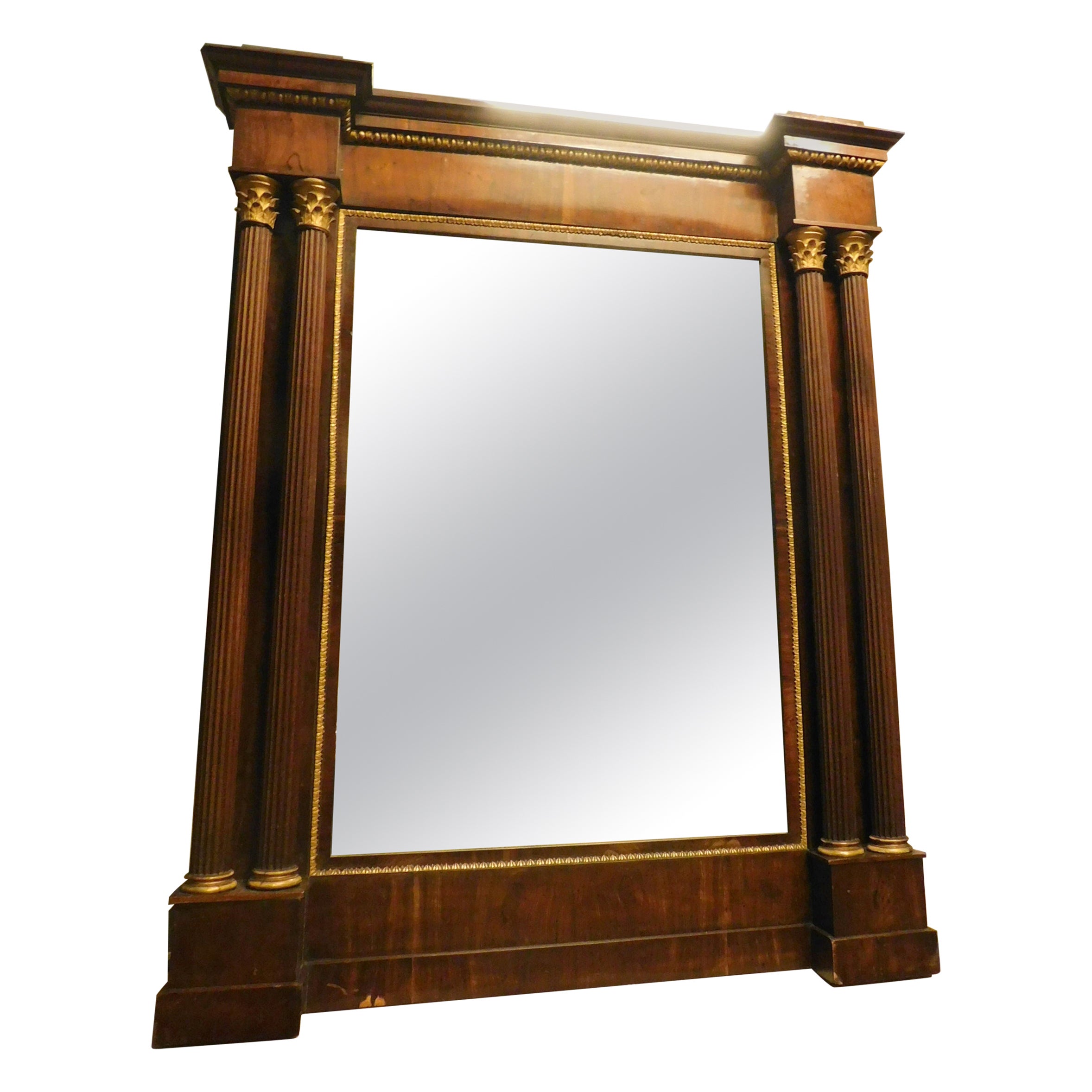 Antique Walnut Mirror with Columns, Gilded Capitals, 19th Century Italy ...