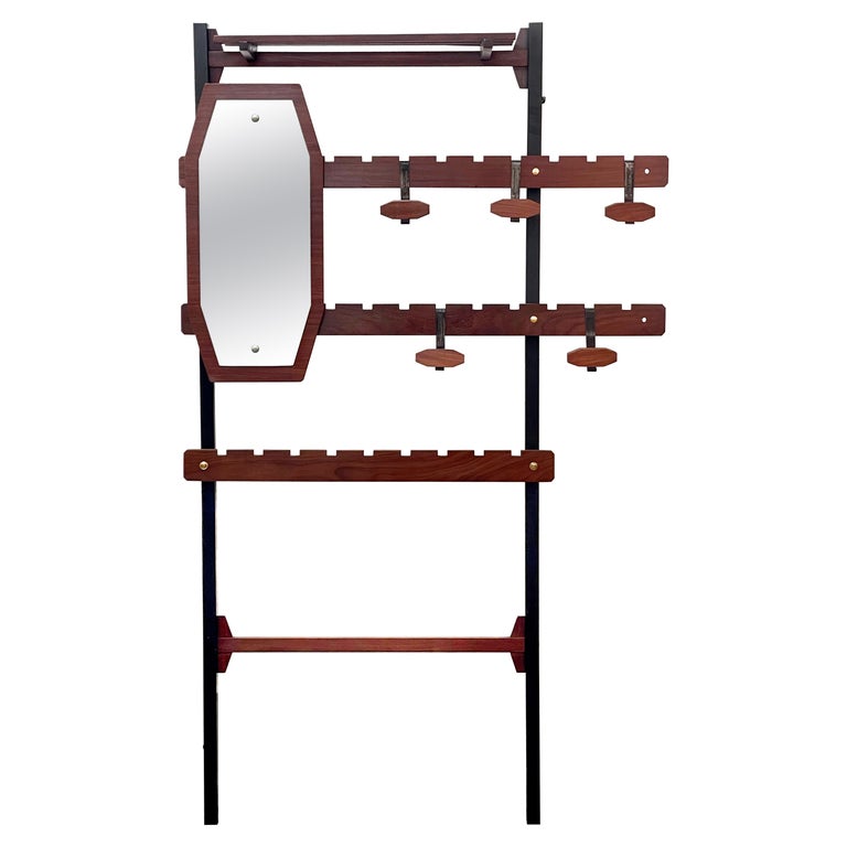 Midcentury Teak and Brass Italian Wall Modular Coat Rack with Mirror ...