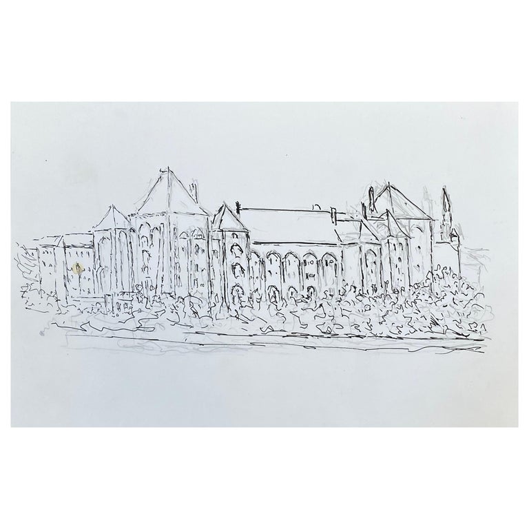 1950's French Modernist/ Cubist Drawing, Large Historic French Building ...