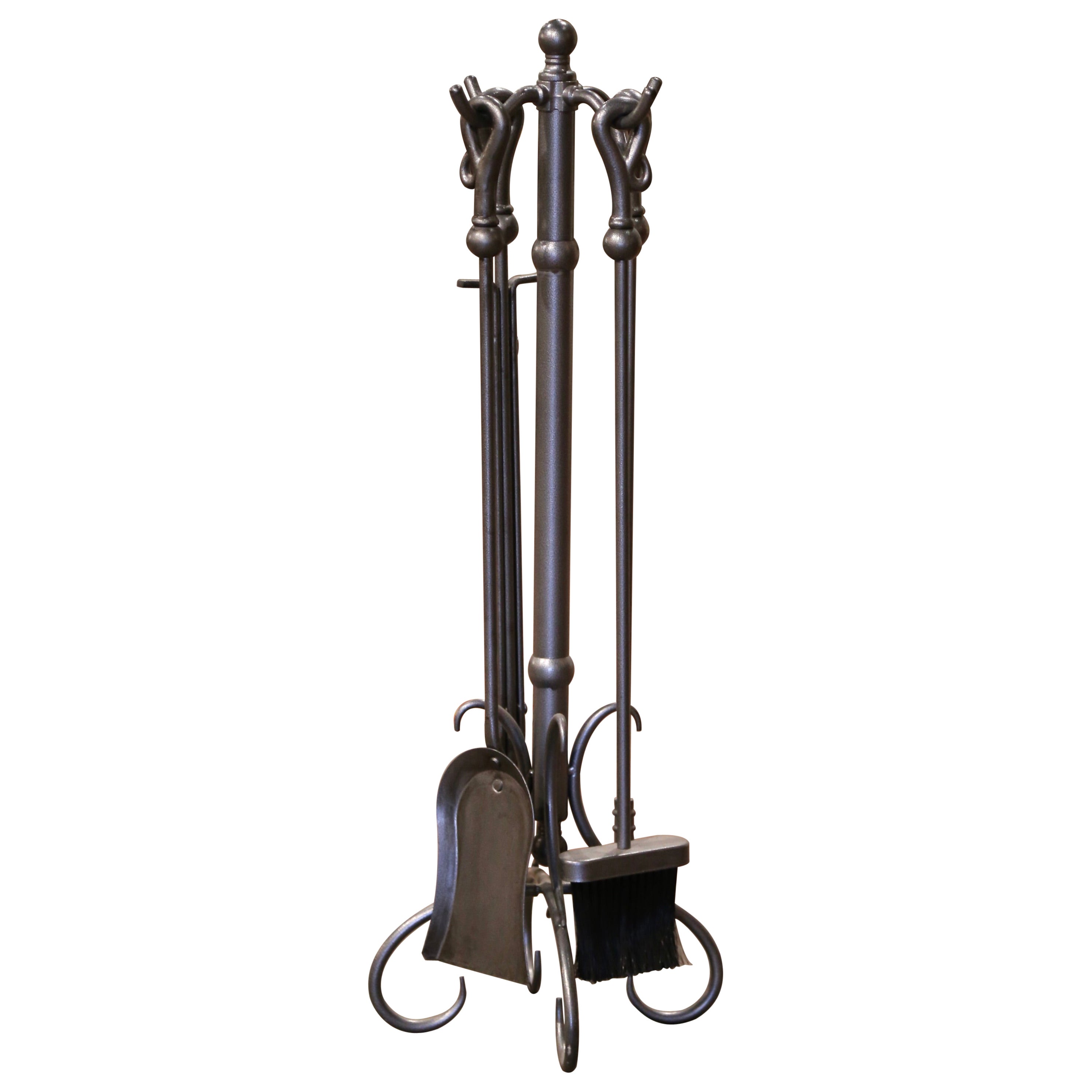 Five-Piece Brushed Aluminium and Leather Fireplace Tool Set on Stand at ...