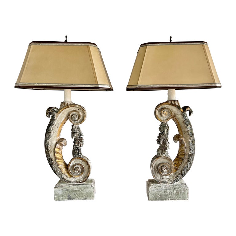 Pair of Italian Carved Lamps w/ Parchment Shades at 1stDibs