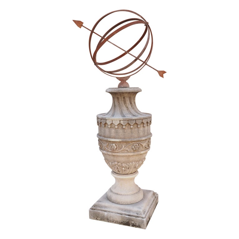 Limestone Garden Armillary Sundial with Carved Tassels and Floral ...