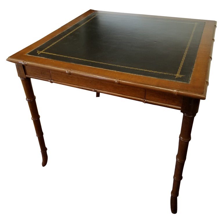 Mahogany and Leather Card Table Bamboo Motif For Sale at 1stDibs