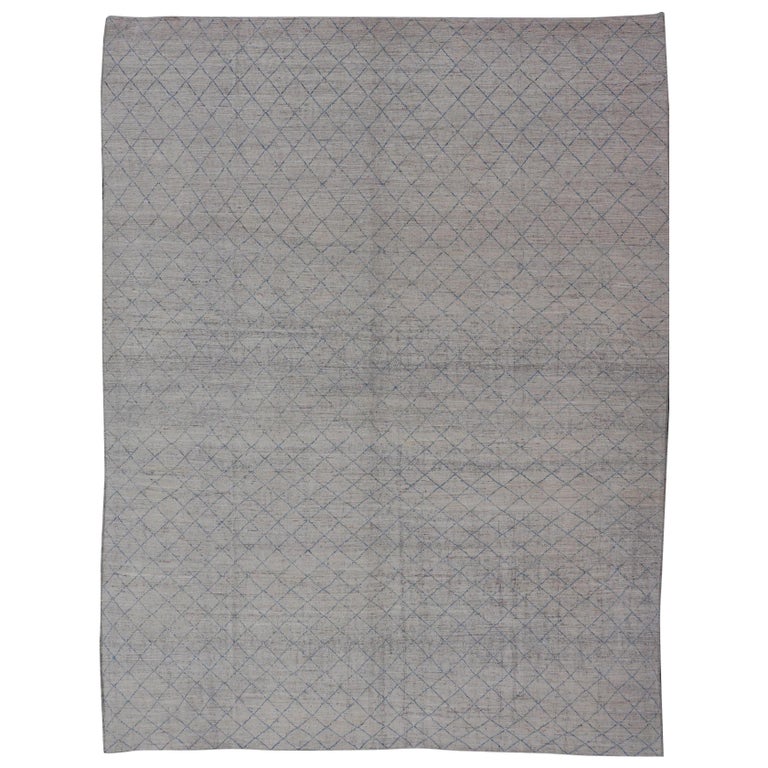 Modern Hand-Knotted Rug in Wool with All-Over Diamond Design in Blue ...