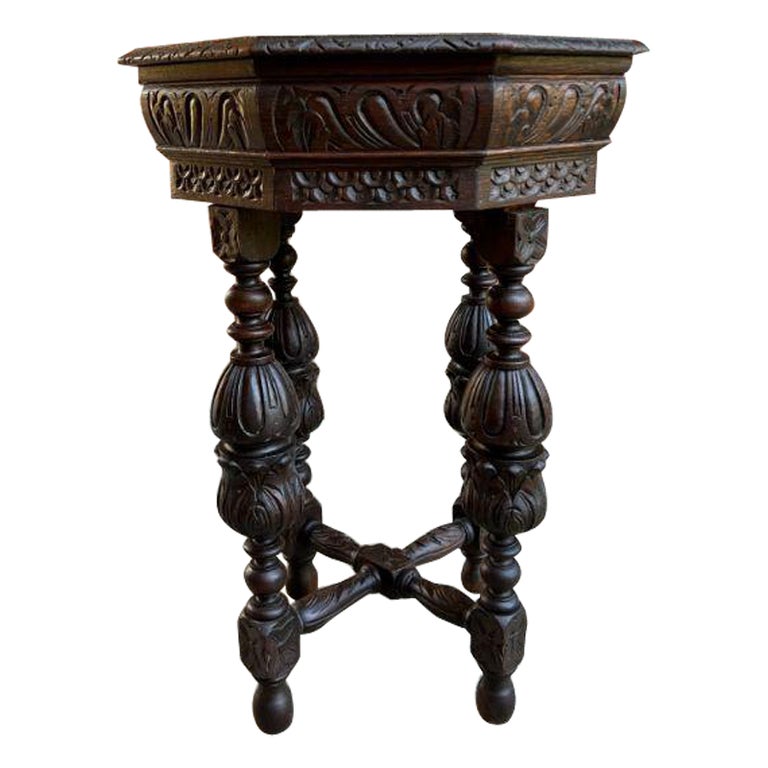 Petite Antique French Carved Oak Octagon Center Table Side End ...