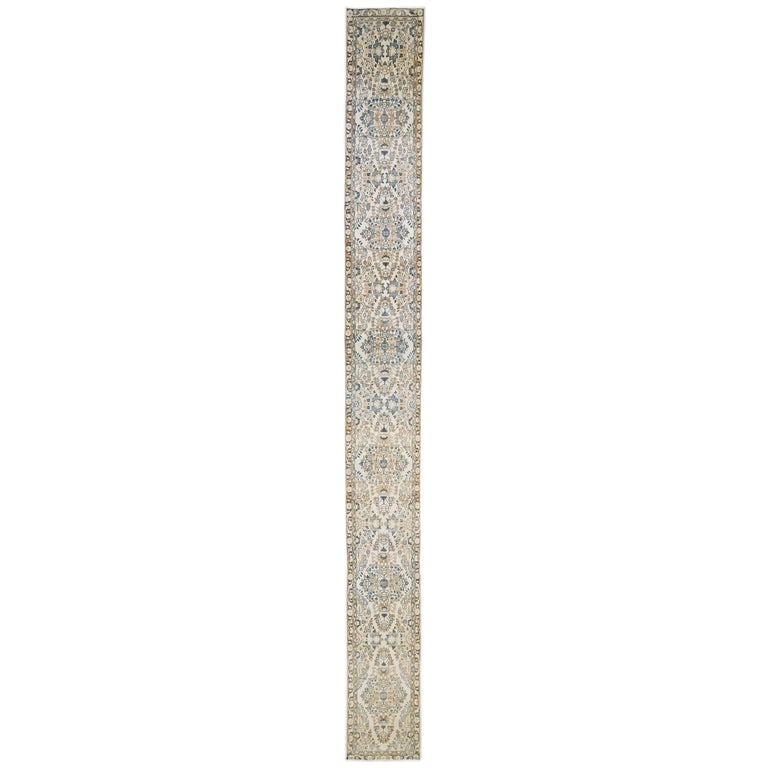 Antique Persian Heriz Handmade Floral Beige Long Wool Runner For Sale ...