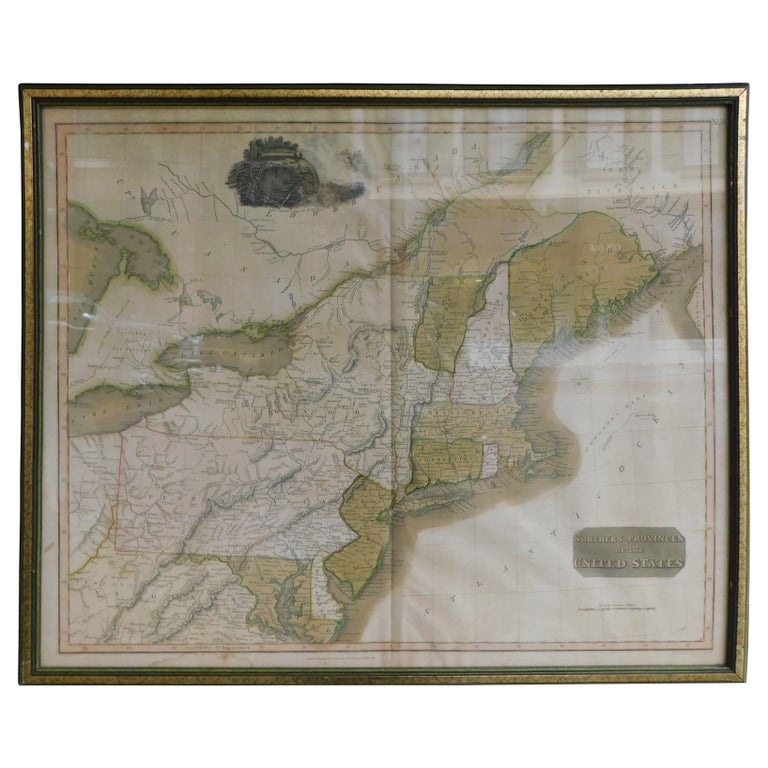 English Engraved Hand Colored Map of the North Eastern United States ...