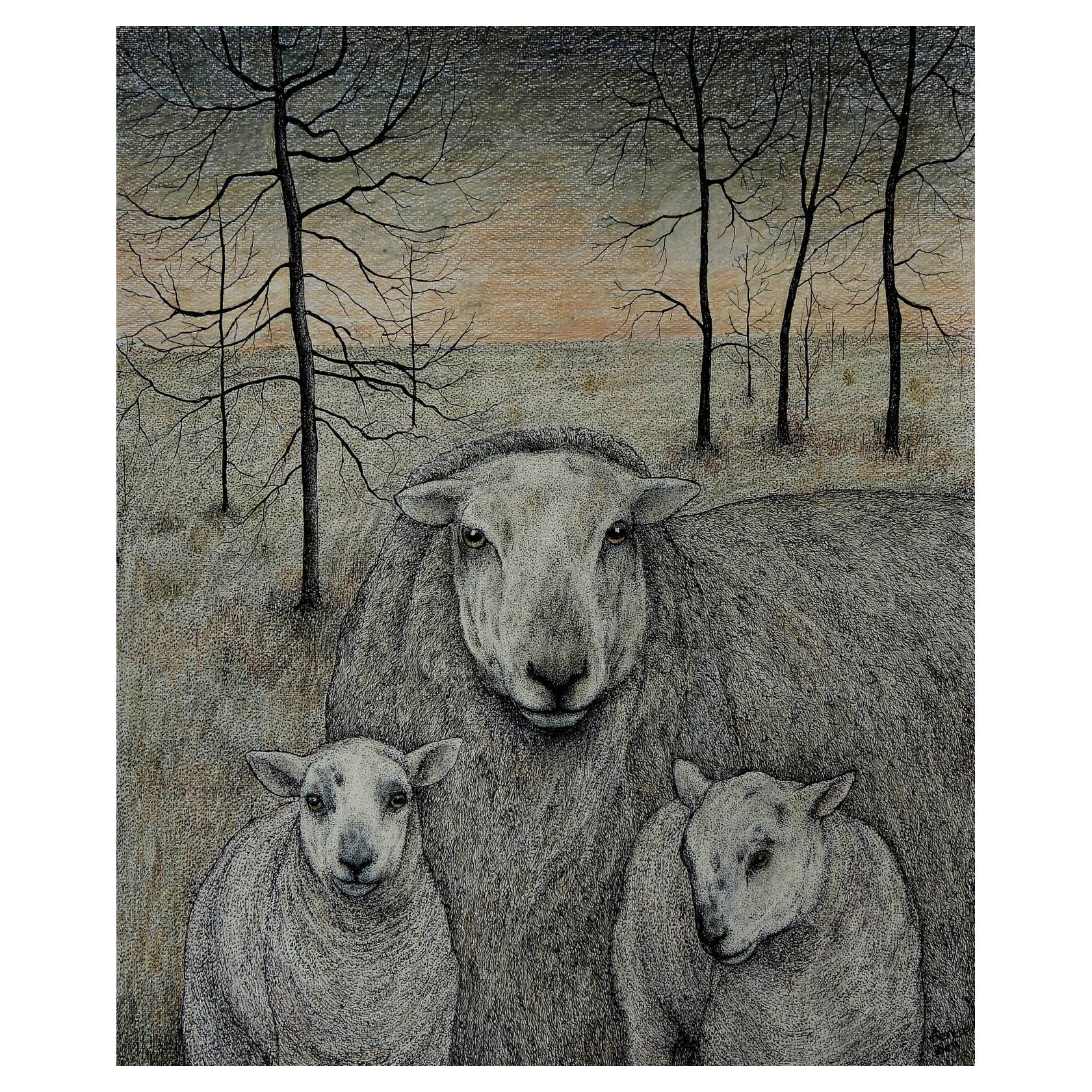 Seren Bell, Welsh Artist, Mixed Media on Paper, Flock By The Tree ...