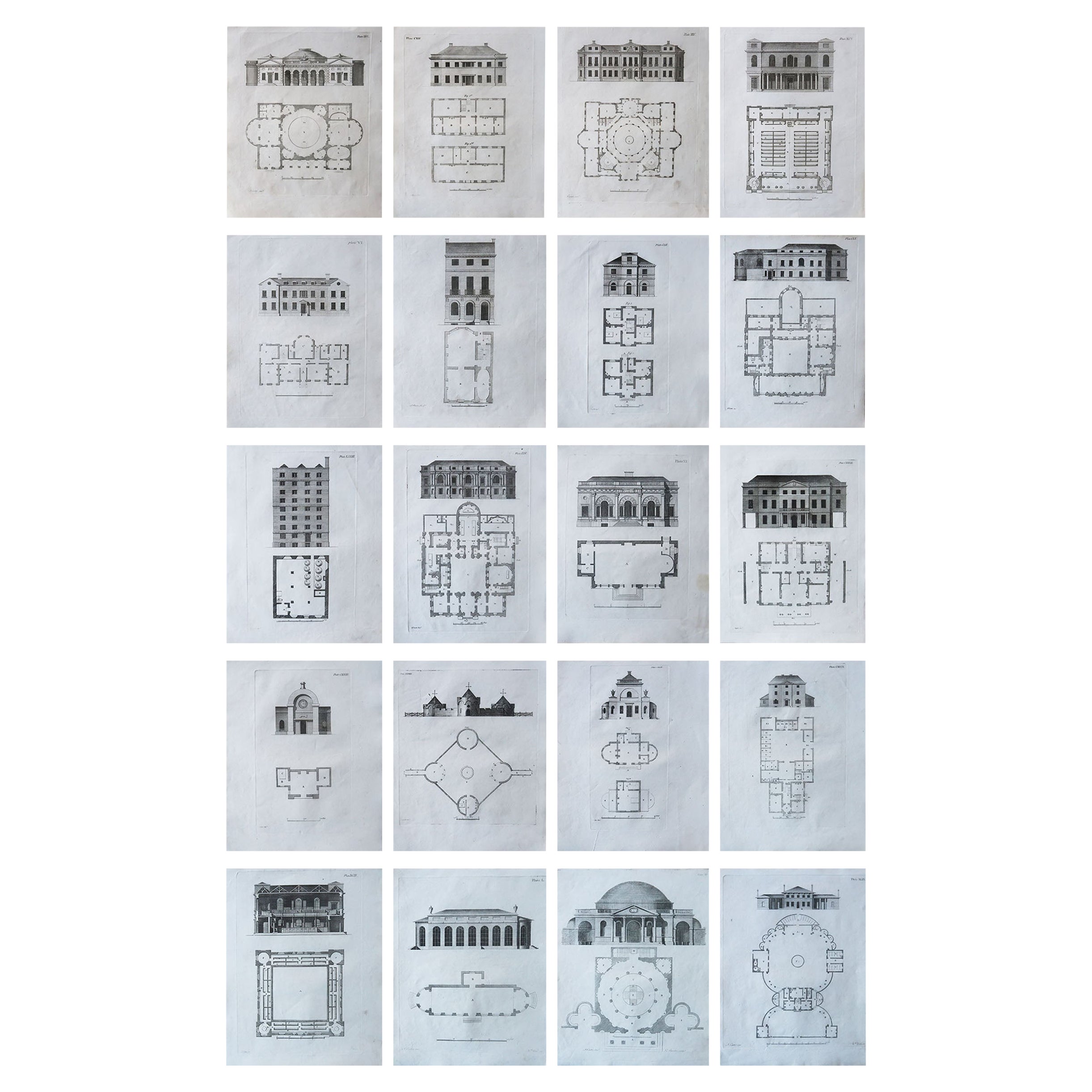 Set of Three Antique Architecture Prints of Various Building Plans and ...